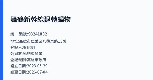 舞鶴新幹線廻轉鍋物的照片-統編 93241882(高雄市) 公司登記資料與營業項目詳細圖表