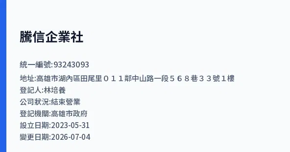 騰信企業社的照片-統編 93243093(高雄市) 公司登記資料與營業項目詳細圖表