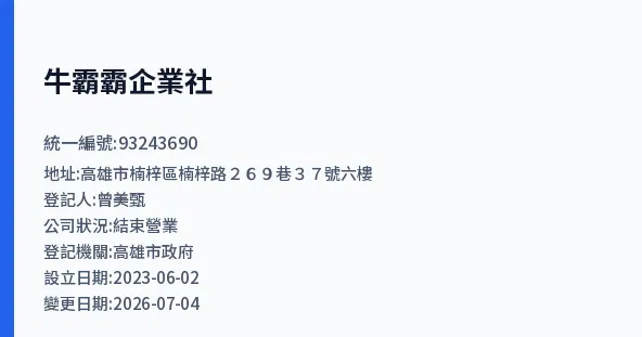 牛霸霸企業社的照片-統編 93243690(高雄市) 公司登記資料與營業項目詳細圖表