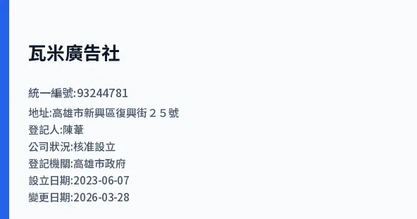 瓦米廣告社的照片-統編 93244781(高雄市) 公司登記資料與營業項目詳細圖表