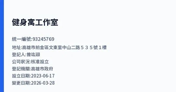 健身寓工作室的照片-統編 93245769(高雄市) 公司登記資料與營業項目詳細圖表