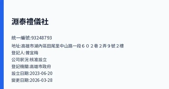 淵泰禮儀社的照片-統編 93248793(高雄市) 公司登記資料與營業項目詳細圖表