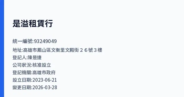 是溢租賃行的照片-統編 93249049(高雄市) 公司登記資料與營業項目詳細圖表