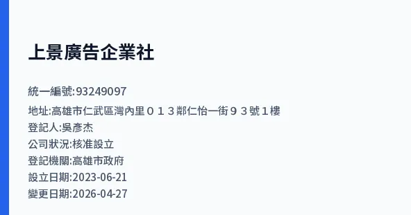 上景廣告企業社的照片-統編 93249097(高雄市) 公司登記資料與營業項目詳細圖表