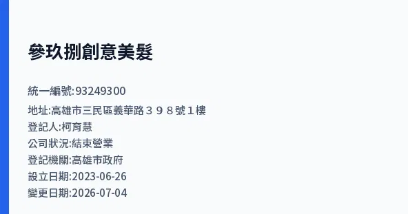 參玖捌創意美髮的照片-統編 93249300(高雄市) 公司登記資料與營業項目詳細圖表