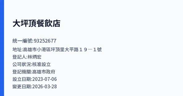 大坪頂餐飲店的照片-統編 93252677(高雄市) 公司登記資料與營業項目詳細圖表