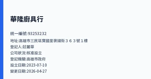 華隆廚具行的照片-統編 93253232(高雄市) 公司登記資料與營業項目詳細圖表