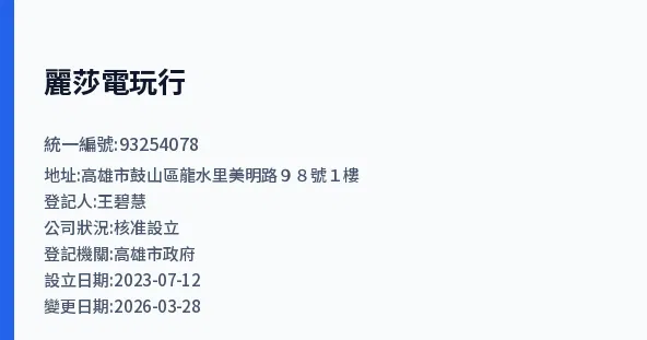 麗莎電玩行的照片-統編 93254078(高雄市) 公司登記資料與營業項目詳細圖表