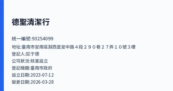 德聖清潔行的照片-統編 93254099(臺南市) 公司登記資料與營業項目詳細圖表