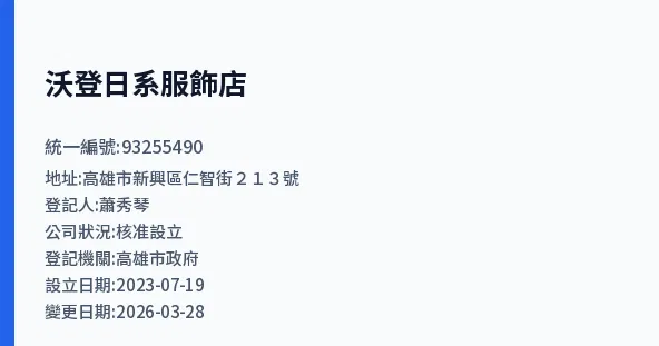 沃登日系服飾店的照片-統編 93255490(高雄市) 公司登記資料與營業項目詳細圖表