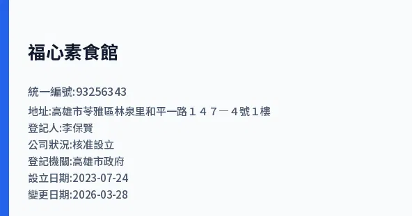 福心素食館的照片-統編 93256343(高雄市) 公司登記資料與營業項目詳細圖表