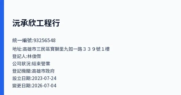 沅承欣工程行的照片-統編 93256548(高雄市) 公司登記資料與營業項目詳細圖表