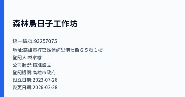 森林鳥日子工作坊的照片-統編 93257075(高雄市) 公司登記資料與營業項目詳細圖表