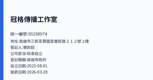 冠格傳播工作室的照片-統編 93258074(高雄市) 公司登記資料與營業項目詳細圖表