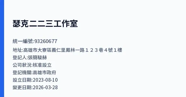 瑟克二二三工作室的照片-統編 93260677(高雄市) 公司登記資料與營業項目詳細圖表