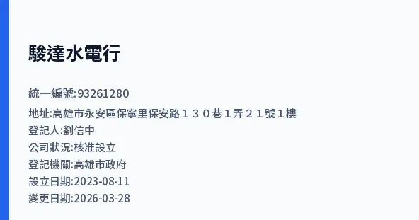 駿達水電行的照片-統編 93261280(高雄市) 公司登記資料與營業項目詳細圖表