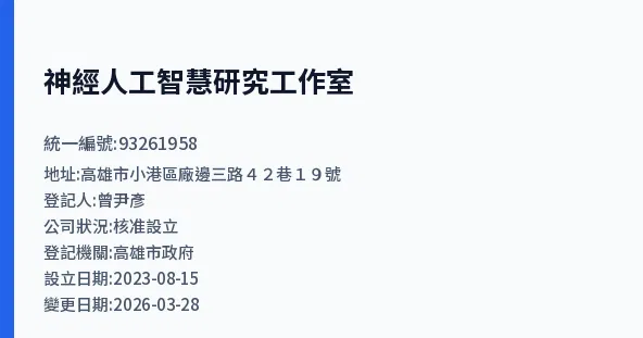 神經人工智慧研究工作室的照片-統編 93261958(高雄市) 公司登記資料與營業項目詳細圖表
