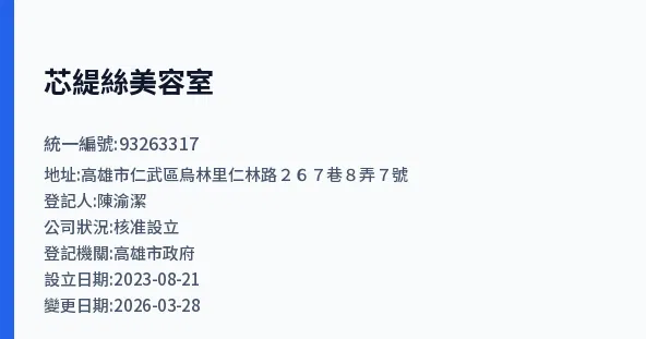 芯緹絲美容室的照片-統編 93263317(高雄市) 公司登記資料與營業項目詳細圖表