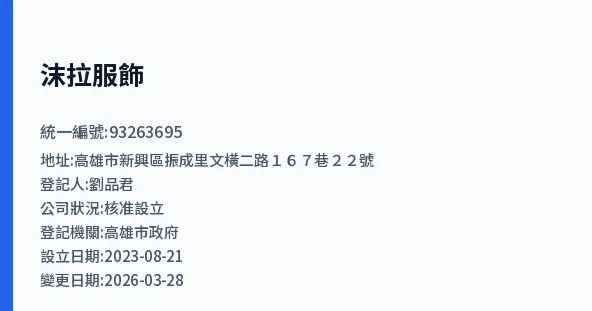 沫拉服飾的照片-統編 93263695(高雄市) 公司登記資料與營業項目詳細圖表