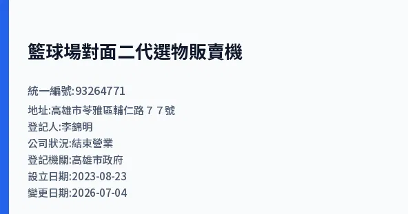 籃球場對面二代選物販賣機的照片-統編 93264771(高雄市) 公司登記資料與營業項目詳細圖表