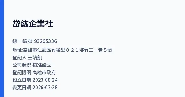 岱紘企業社的照片-統編 93265336(高雄市) 公司登記資料與營業項目詳細圖表