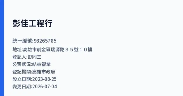 彭佳工程行的照片-統編 93265785(高雄市) 公司登記資料與營業項目詳細圖表