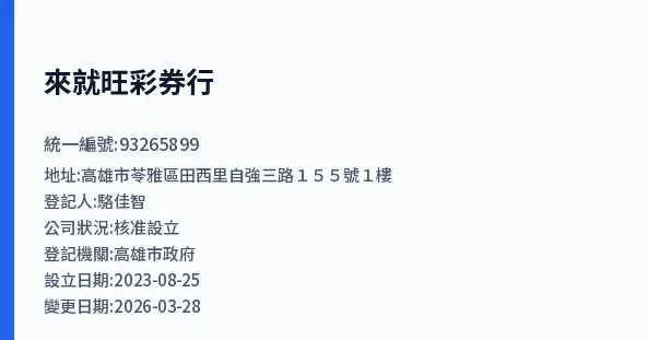 來就旺彩券行的照片-統編 93265899(高雄市) 公司登記資料與營業項目詳細圖表