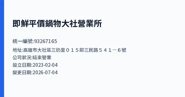 即鮮平價鍋物大社營業所的照片-統編 93267165(高雄市) 公司登記資料與營業項目詳細圖表