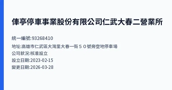 俥亭停車事業股份有限公司仁武大春二營業所的照片-統編 93268410(高雄市) 公司登記資料與營業項目詳細圖表