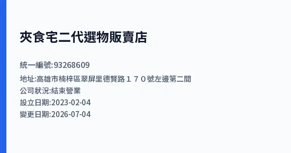 夾食宅二代選物販賣店的照片-統編 93268609(高雄市) 公司登記資料與營業項目詳細圖表