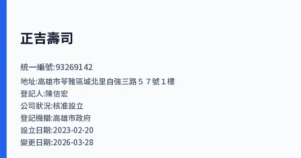 正吉壽司的照片-統編 93269142(高雄市) 公司登記資料與營業項目詳細圖表