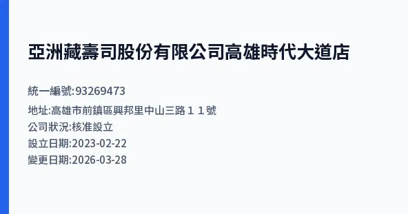 亞洲藏壽司股份有限公司高雄時代大道店的照片-統編 93269473(高雄市) 公司登記資料與營業項目詳細圖表