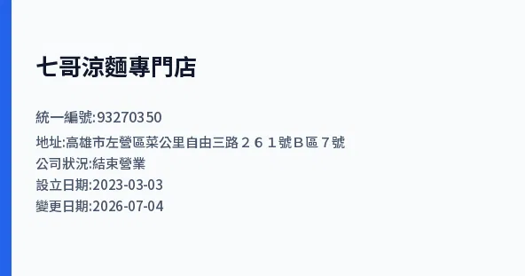 七哥涼麵專門店的照片-統編 93270350(高雄市) 公司登記資料與營業項目詳細圖表