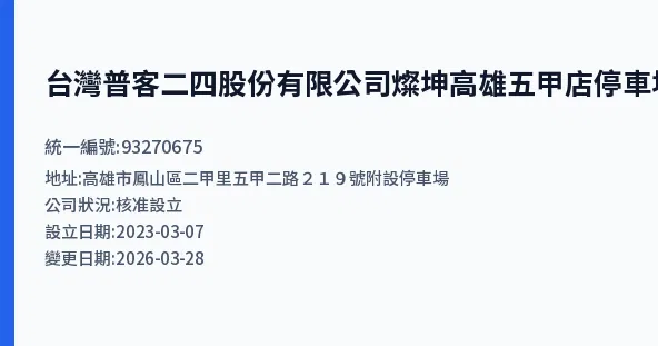 台灣普客二四股份有限公司燦坤高雄五甲店停車場的照片-統編 93270675(高雄市) 公司登記資料與營業項目詳細圖表