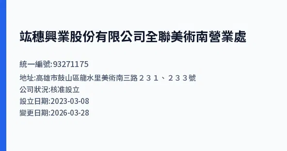 竑穗興業股份有限公司全聯美術南營業處的照片-統編 93271175(高雄市) 公司登記資料與營業項目詳細圖表