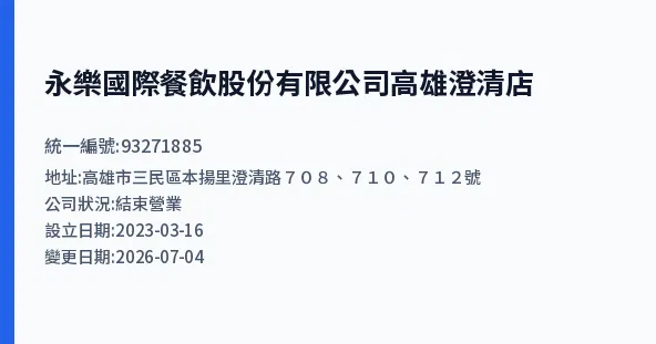 永樂國際餐飲股份有限公司高雄澄清店的照片-統編 93271885(高雄市) 公司登記資料與營業項目詳細圖表