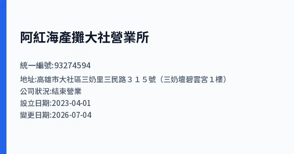 阿紅海產攤大社營業所的照片-統編 93274594(高雄市) 公司登記資料與營業項目詳細圖表