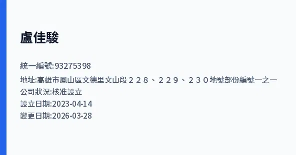 盧佳駿的照片-統編 93275398(高雄市) 公司登記資料與營業項目詳細圖表