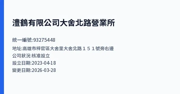 澧鶴有限公司大舍北路營業所的照片-統編 93275448(高雄市) 公司登記資料與營業項目詳細圖表