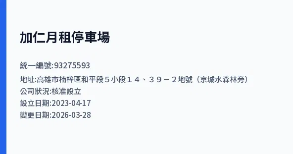 加仁月租停車場的照片-統編 93275593(高雄市) 公司登記資料與營業項目詳細圖表