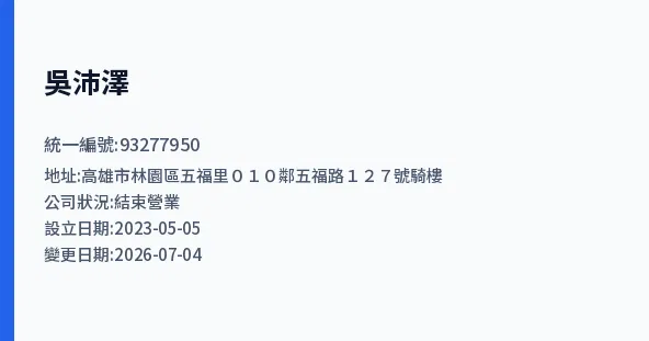 吳沛澤的照片-統編 93277950(高雄市) 公司登記資料與營業項目詳細圖表