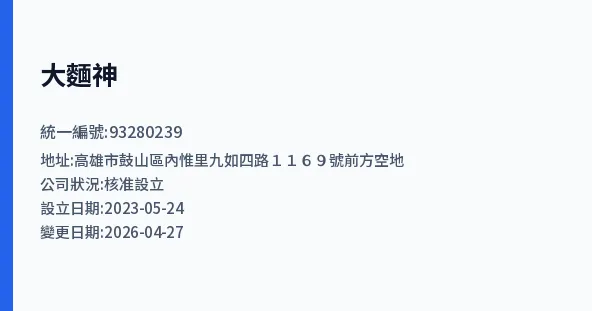 大麵神的照片-統編 93280239(高雄市) 公司登記資料與營業項目詳細圖表