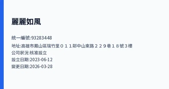麗麗如風的照片-統編 93283448(高雄市) 公司登記資料與營業項目詳細圖表