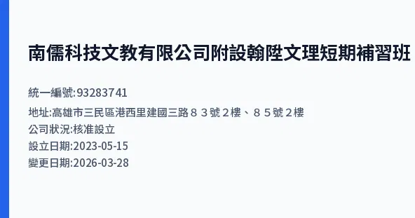 南儒科技文教有限公司附設翰陞文理短期補習班的照片-統編 93283741(高雄市) 公司登記資料與營業項目詳細圖表