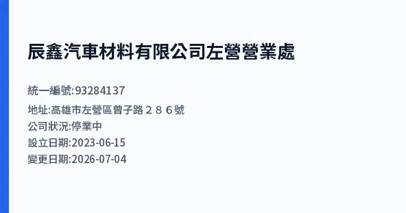 辰鑫汽車材料有限公司左營營業處的照片-統編 93284137(高雄市) 公司登記資料與營業項目詳細圖表