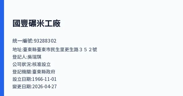 國豐碾米工廠的照片-統編 93288302(臺東縣) 公司登記資料與營業項目詳細圖表