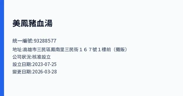 美鳳豬血湯的照片-統編 93288577(高雄市) 公司登記資料與營業項目詳細圖表