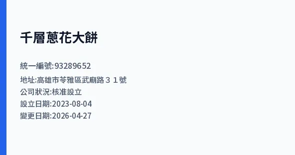 千層蔥花大餅的照片-統編 93289652(高雄市) 公司登記資料與營業項目詳細圖表