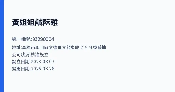 黃姐姐鹹酥雞的照片-統編 93290004(高雄市) 公司登記資料與營業項目詳細圖表