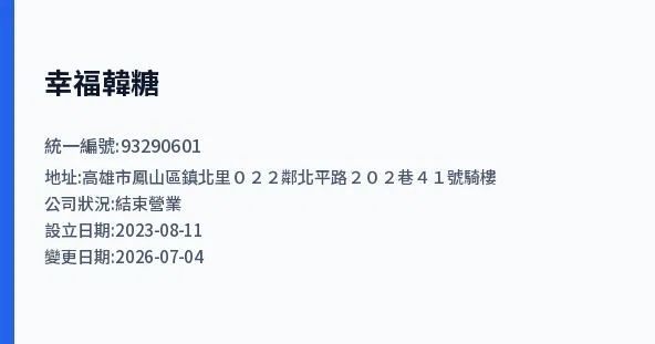 幸福韓糖的照片-統編 93290601(高雄市) 公司登記資料與營業項目詳細圖表
